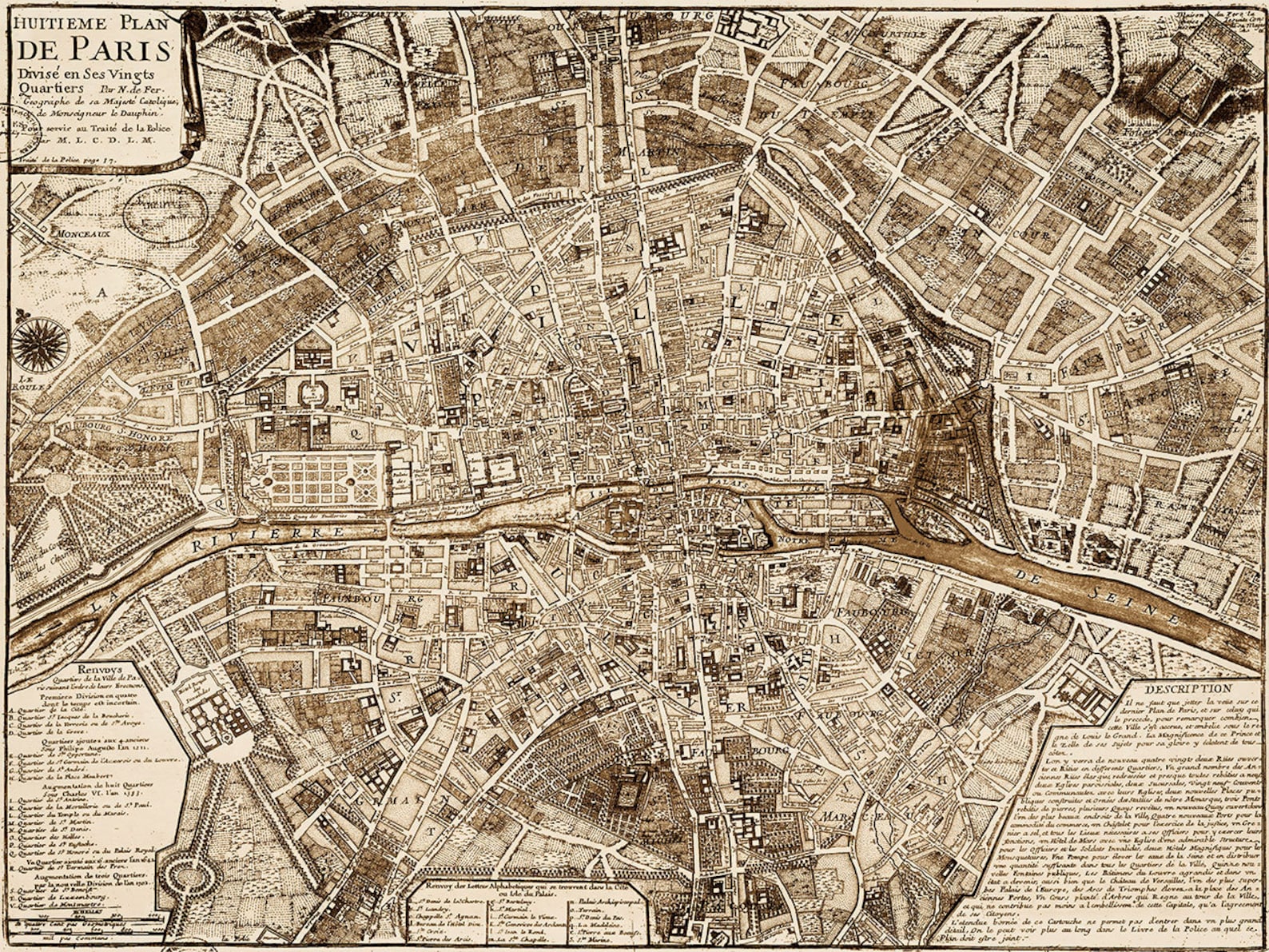 Vintage Paris Map Print 1705 Old World Map of Paris France Street Map ...