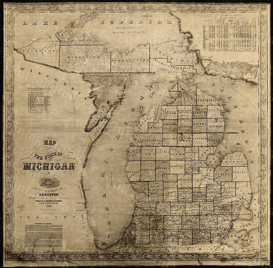 Old Michigan Map Vintage 1856 Old Map of Michigan Old Antique ...