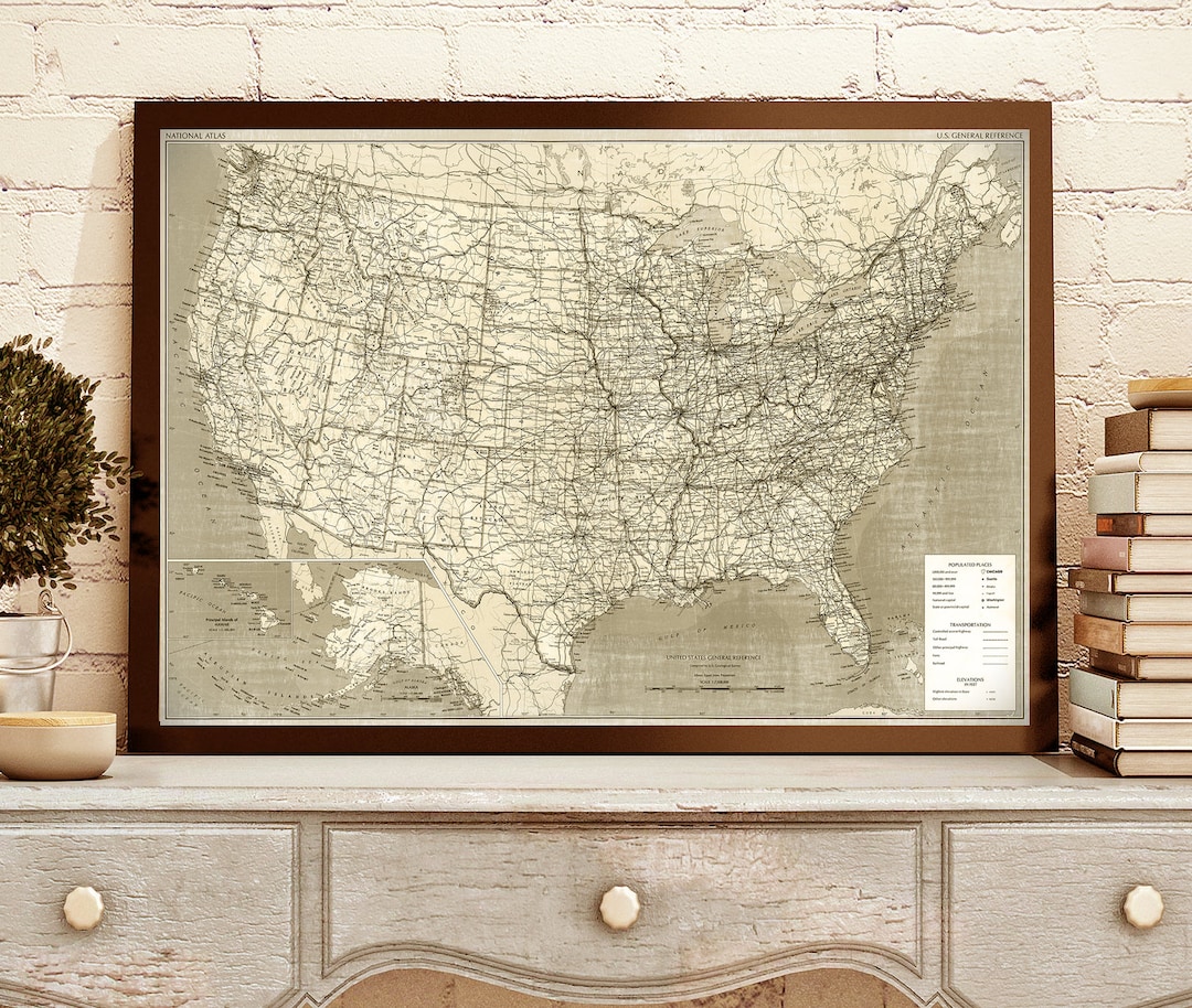 USA Travel Map Vintage Look Map Large Wall Art Wedding Travel New Home ...