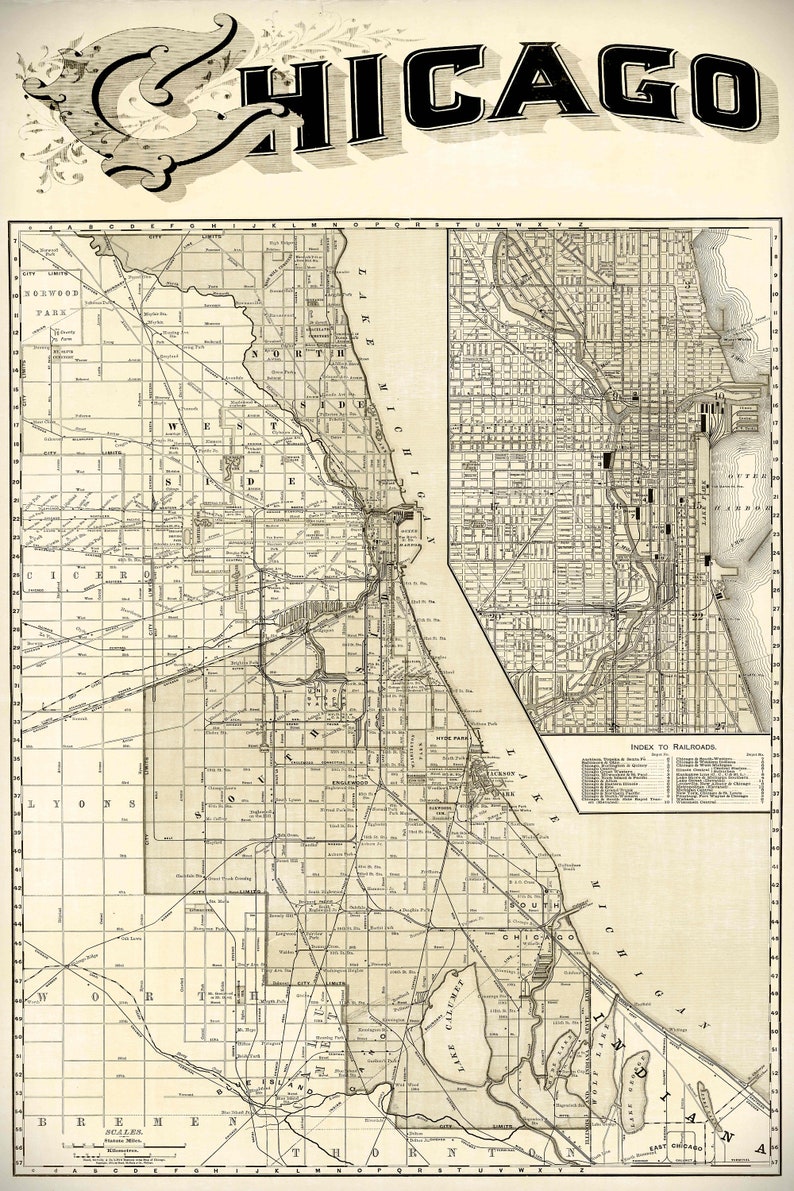 1897 Vintage Chicago Railroad Map: Old Map of Chicago for - Etsy