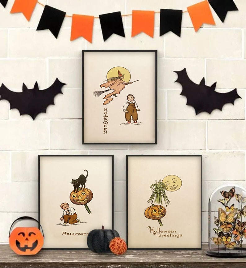 Set of 3 Halloween Prints Halloween Wall Art Vintage Print Witch Poster ...