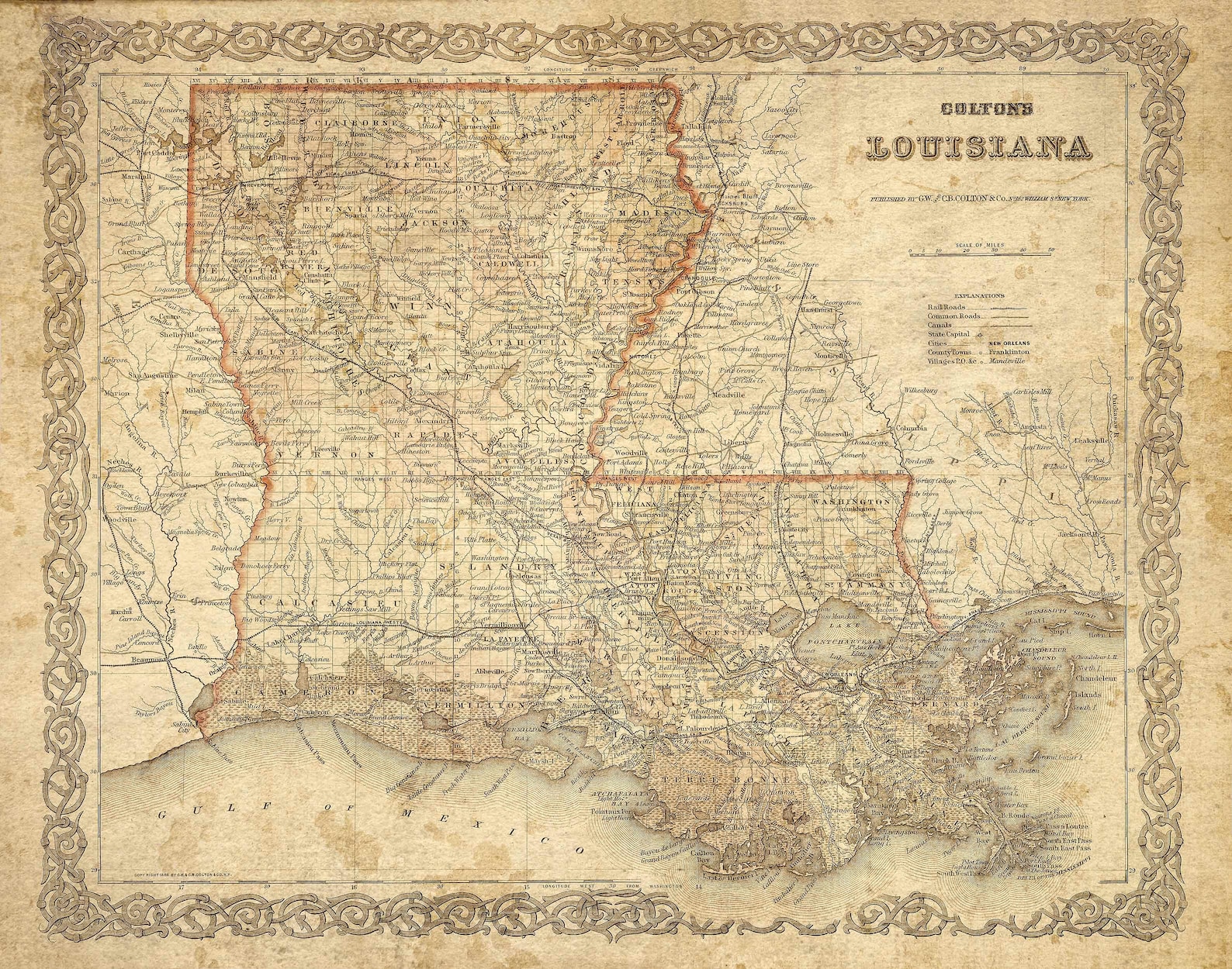 Antique Louisiana Map 1886 Historic Old Map of Louisiana Restoration ...