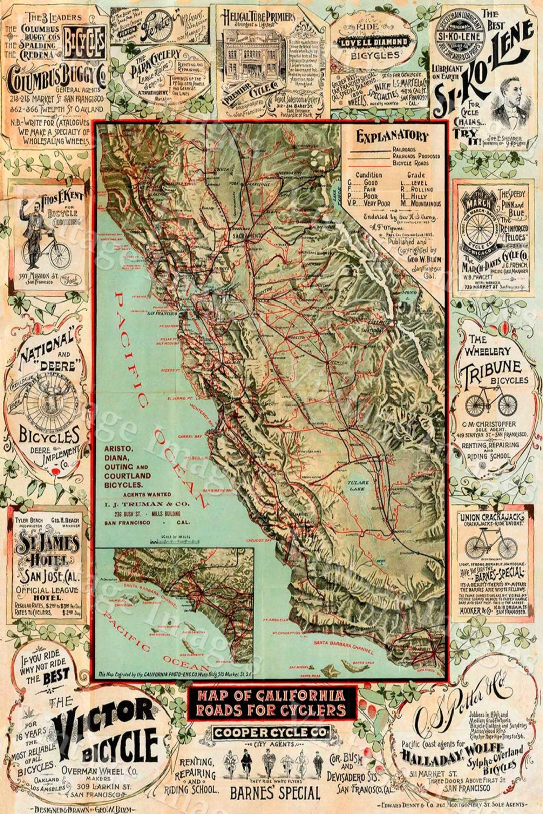 Old California Map, Cycling Bicycle Map, 1895 Vintage California Map ...