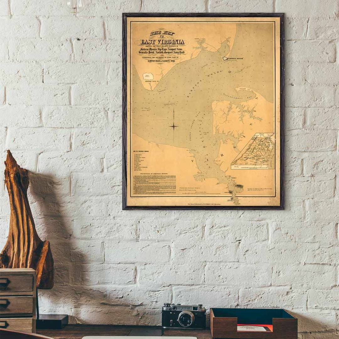 Map of Hampton Roads Antique Virginia Map Print Style Chesapeake Bay ...