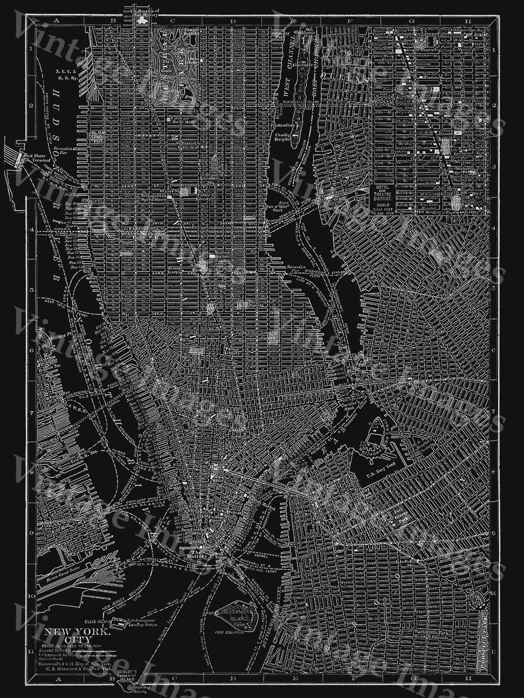 New York City Manhattan Street Map 1910 Historic Black and White Street ...