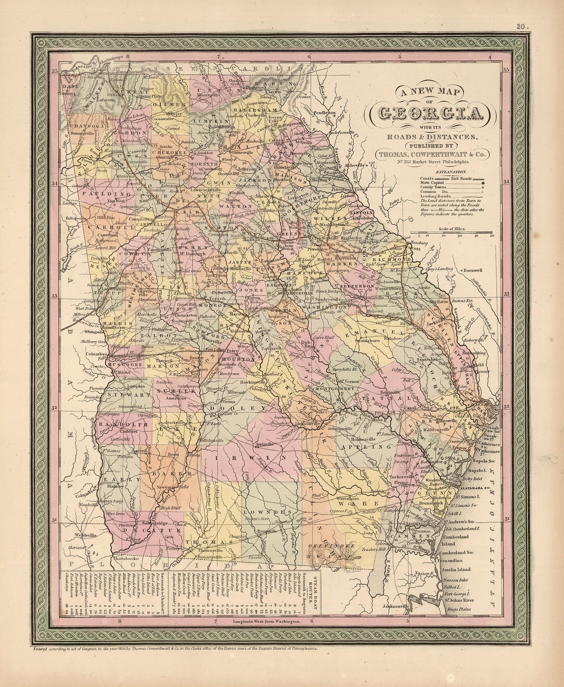 1850 Georgia Map Art Print State Map of Georgia Travel Gift | Etsy