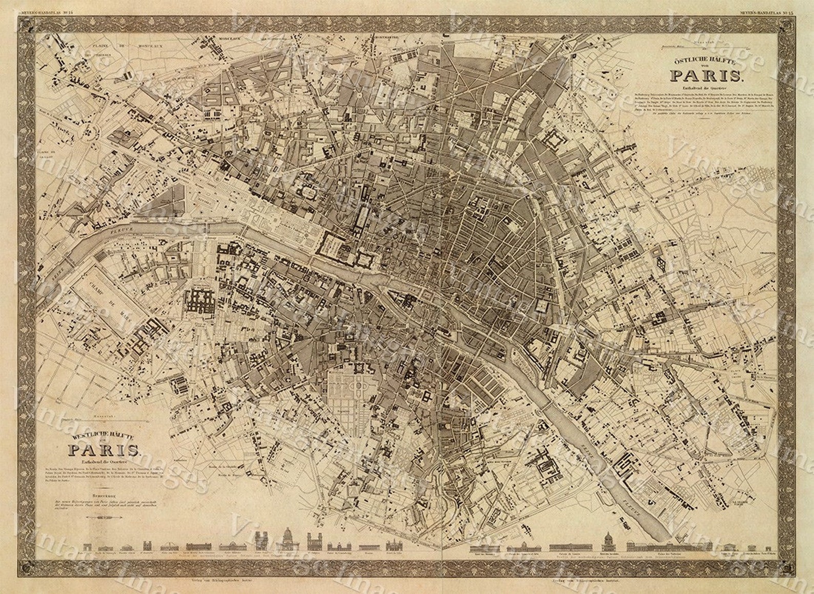 Parijs kaart Oude Kaart Vintage Parijs Stad Plan Kaart van Parijs 1860 ...