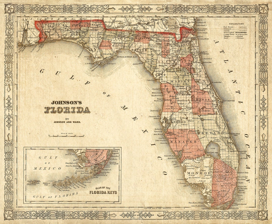 Old Florida Map 1863 Johnson's Map of Florida Restoration Style Florida ...