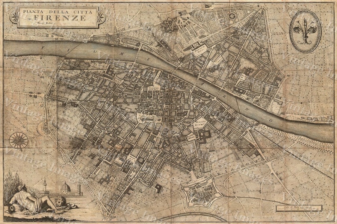 Vecchia mappa di Firenze Italia 1847 Mappa di Firenze fino a 42x56 ...