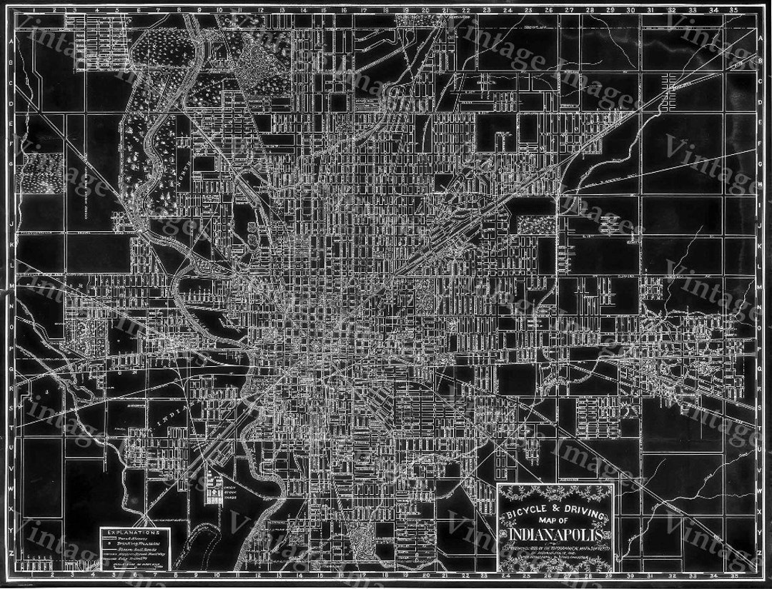 1899 Vintage Historic Indianapolis Map Indiana Bicycle and Driving Map ...