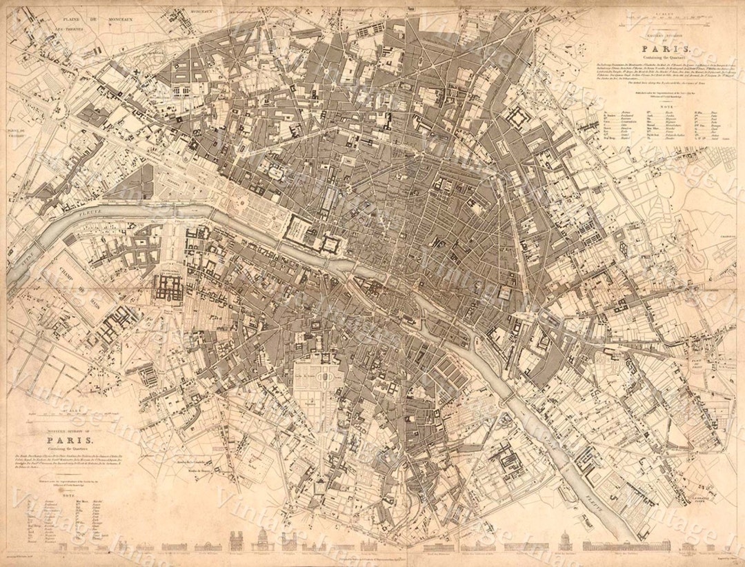 Paris Map Historic 1834 Huge City of Paris Restoration Old World Style ...