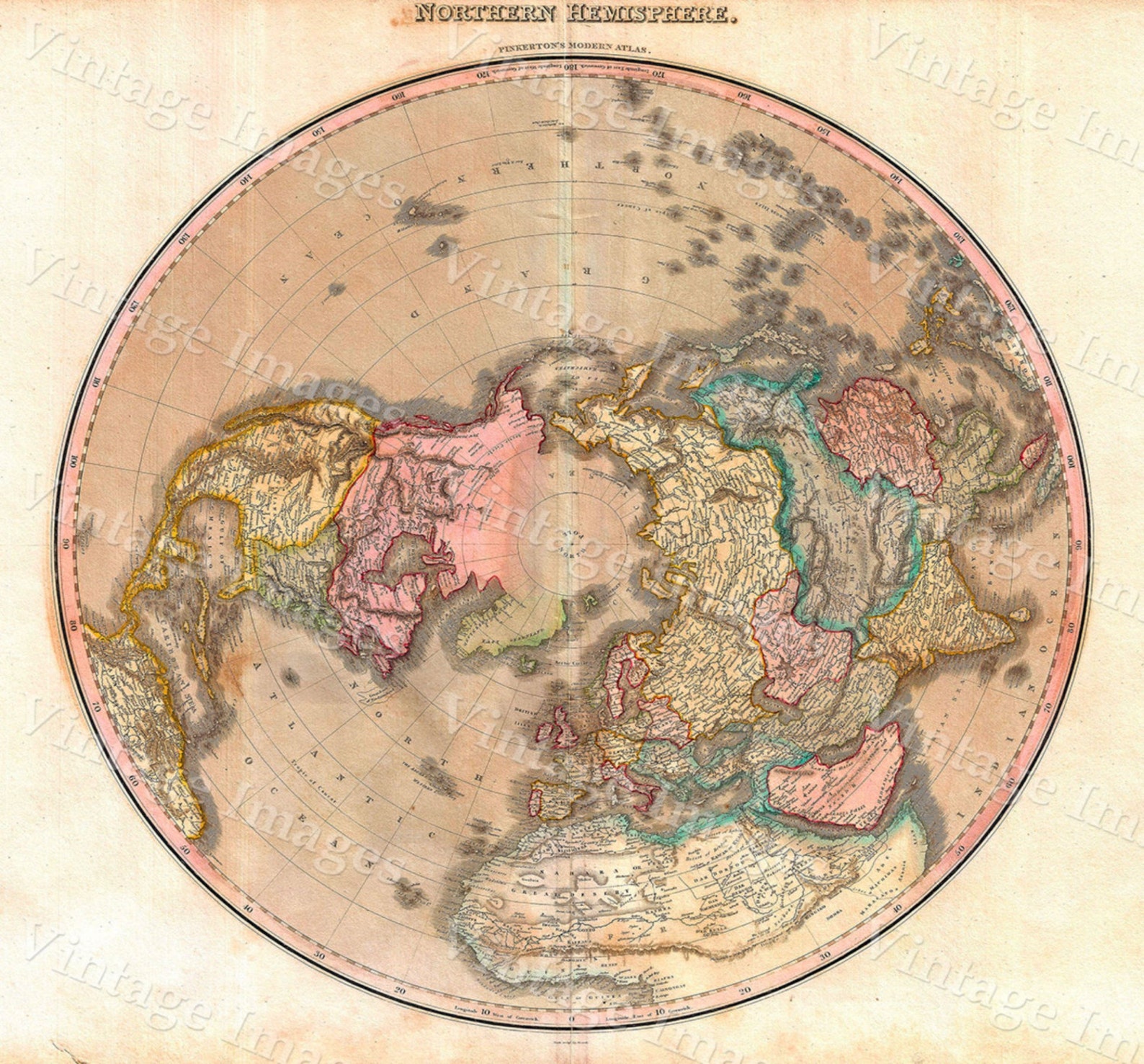 Vintage 1818 Arctic Map, Northern Hemisphere Map, North Pole Map, Old ...