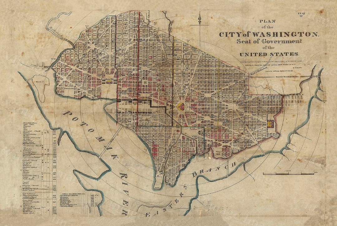 Vintage 1829 Historical Map of Washington D.C. Antique Restoration ...