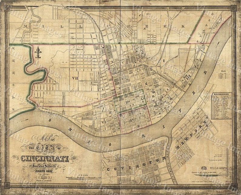 Giant Old Map of Cincinnati Historic 1838 Cincy Cincinnati Ohio City ...