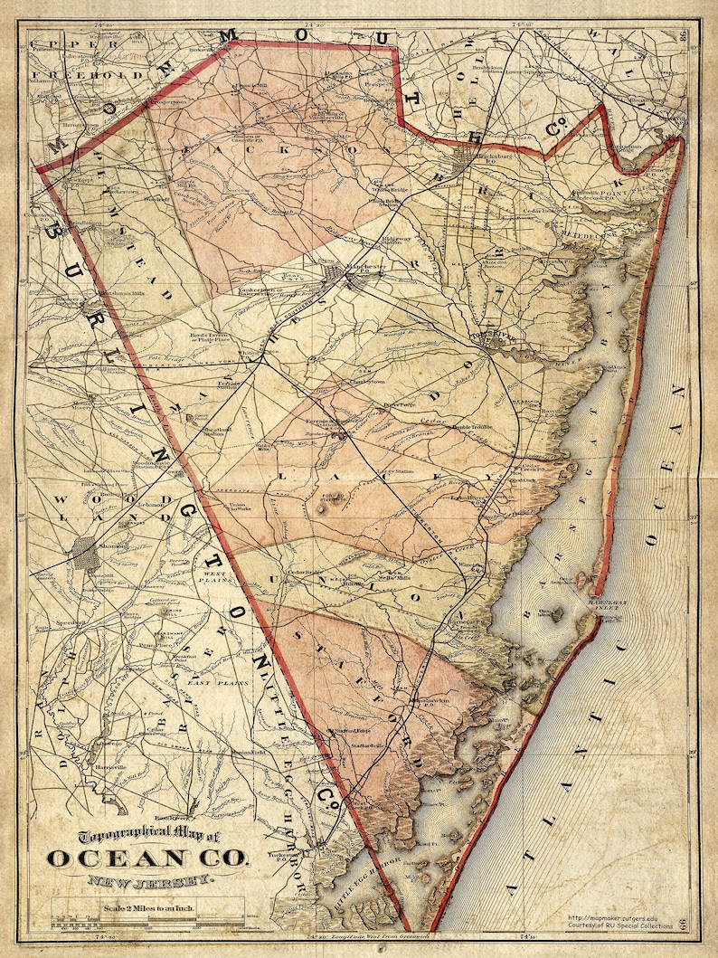 1872 Ocean County New Jersey Map, New Jersey Wall Art, Antique Style ...