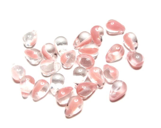 25 Pc - 6 X 4 Mm Teardrop Czech Glass Pink Clear Beads Beading Jewelry ...