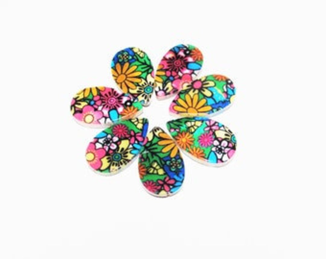 7 Pc 25 Mm Teardrop Shell Painted-by-hand Hippie Retro Flower Mix Color ...