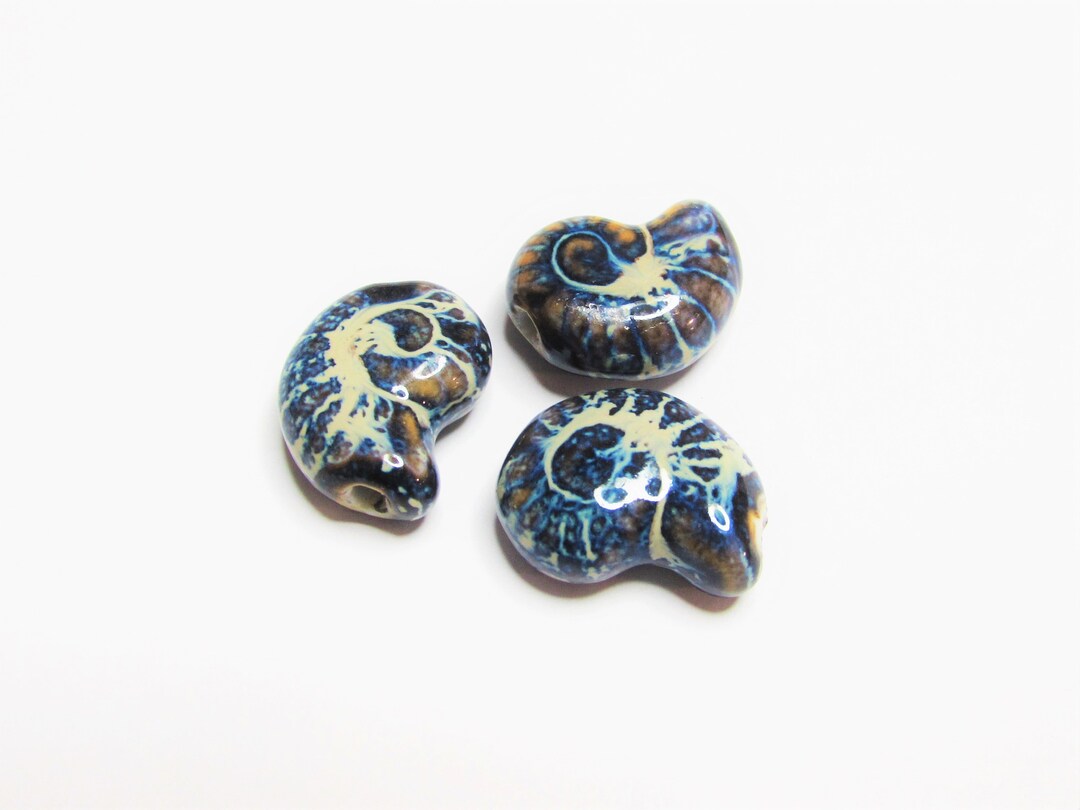3 Nautilus Shell Brown Tan Blue Snail Ceramic Porcelain Beads Beading ...