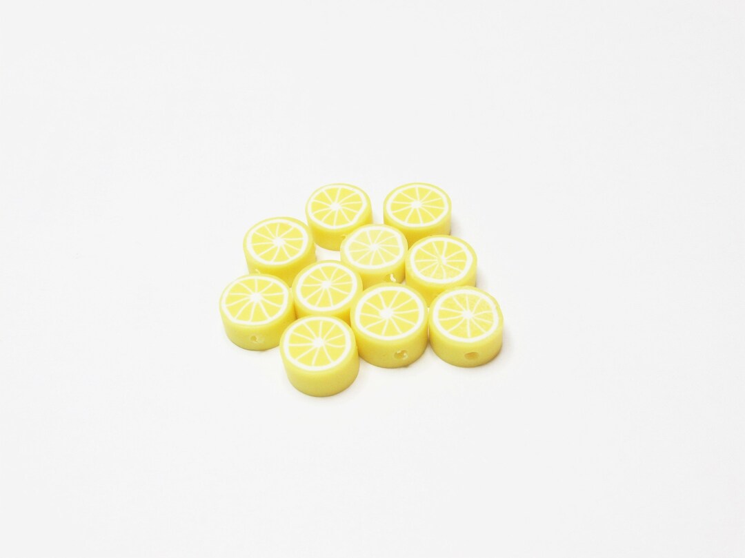 10 Pc 9-10 X 4 Mm Lemon Yellow Fimo Clay Fruit Beads Round Flat Lemon ...