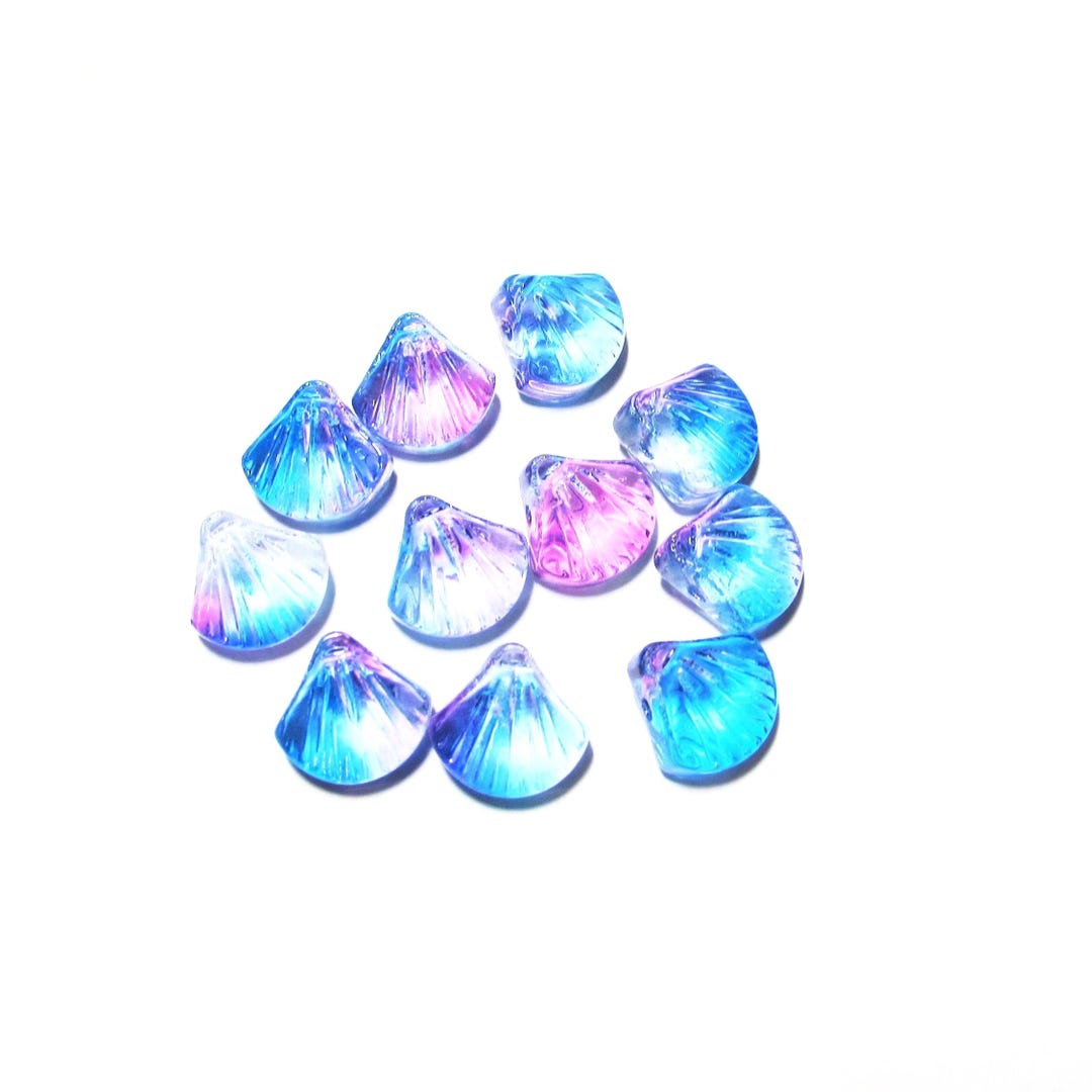 11 Pc - 10 Mm Clam Shell Glass Blue Aqua Green Clear Miniature Beads ...