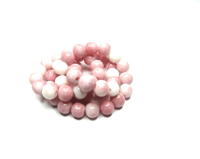 51 Pc - 8-9 Mm Crackle Glass Round Pink Variegated White Bead Strand ...