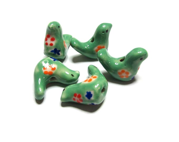 5 Pc - 19-20 Mm Bird Ceramic Porcelain Green Flower Miniature Animal ...