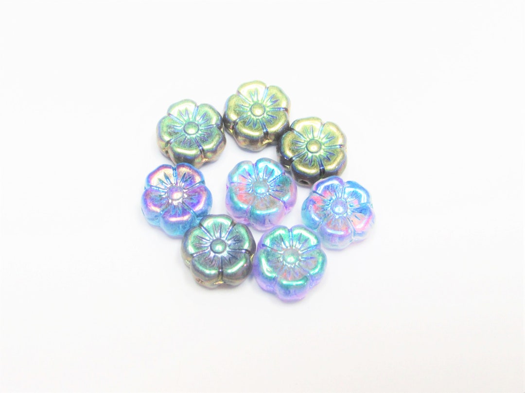 8 Hibiscus Flower AB Mix Color Iridescent Translucent Czech Glass Beads ...