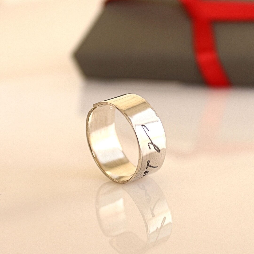 Custom Signature Engraved Ring Personalized Handwriting Band for Men 925 Solid Sterling Silver ...
