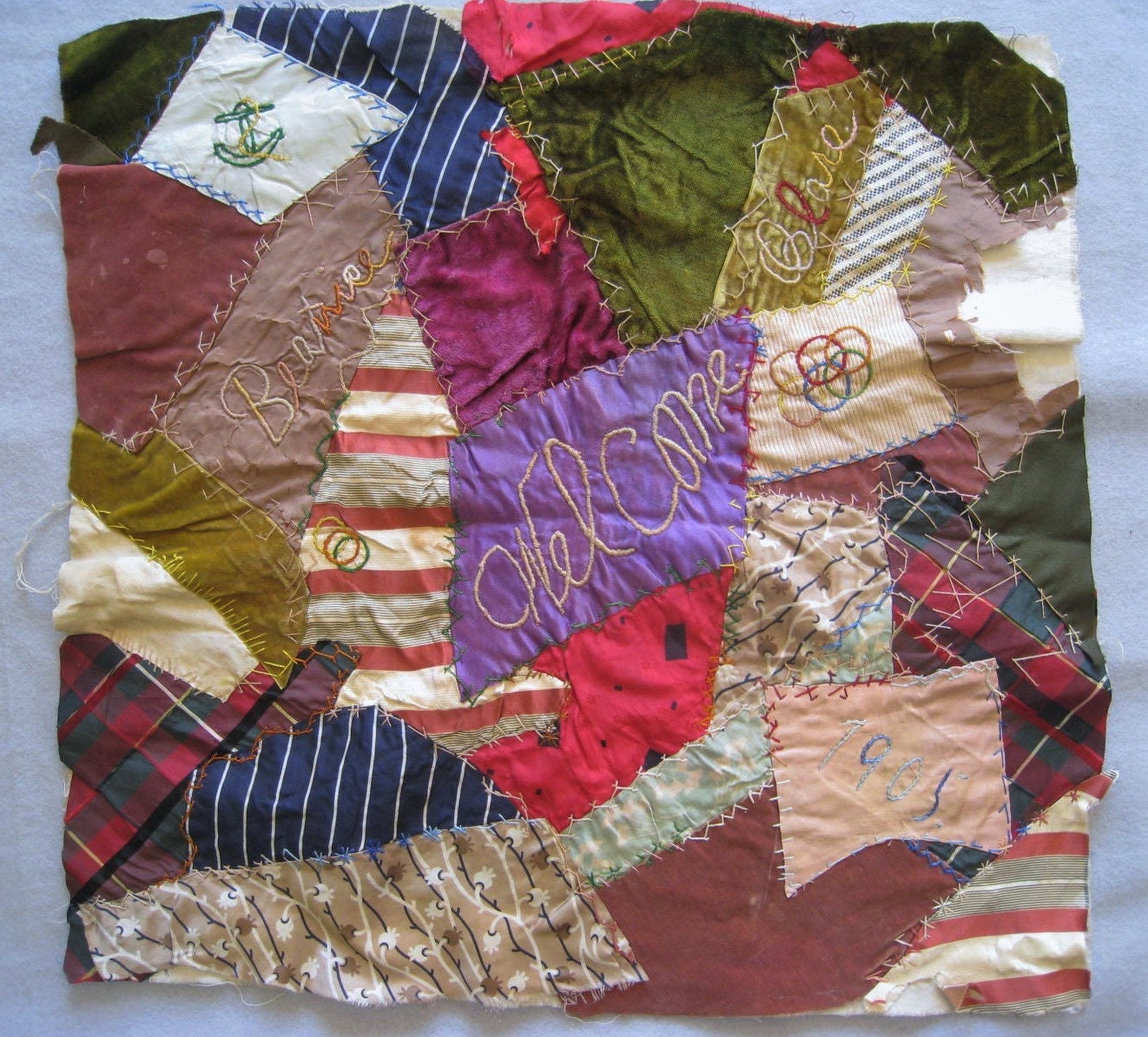 Victorian Crazy Quilt Square C1905 Antique Embroidery Silk Patchwork ...