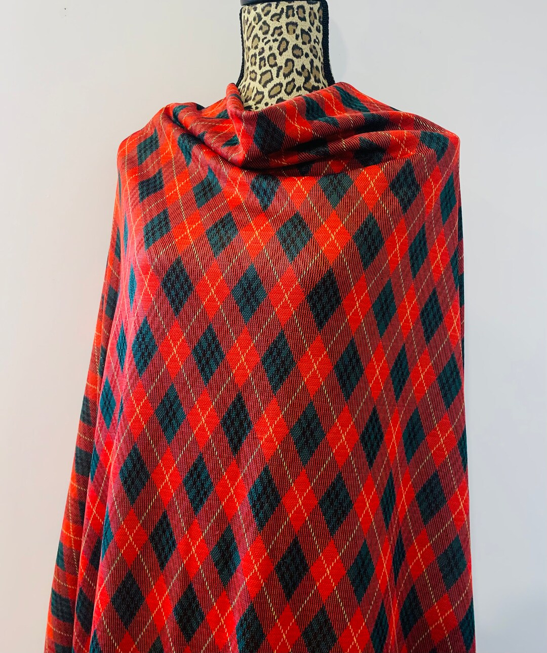 Vintage 1960s Knit Fabric, Crimplene Double Knit, Red, Green, Black and ...