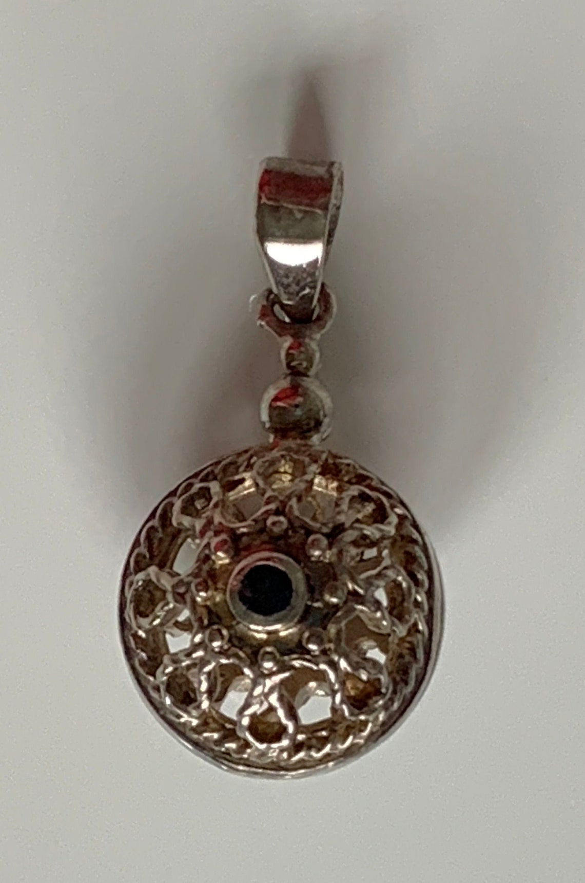 Vintage Silver Tone Metal Filigree Ball With Black Enamel Centre ...