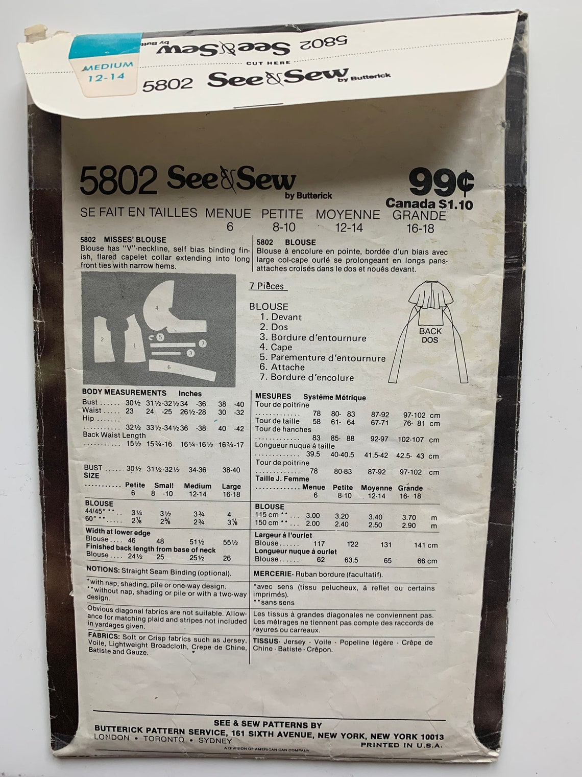 Vintage 1980s Butterick See & Sew 5802 UNCUT Size M 12-14 Wrap Blouse ...