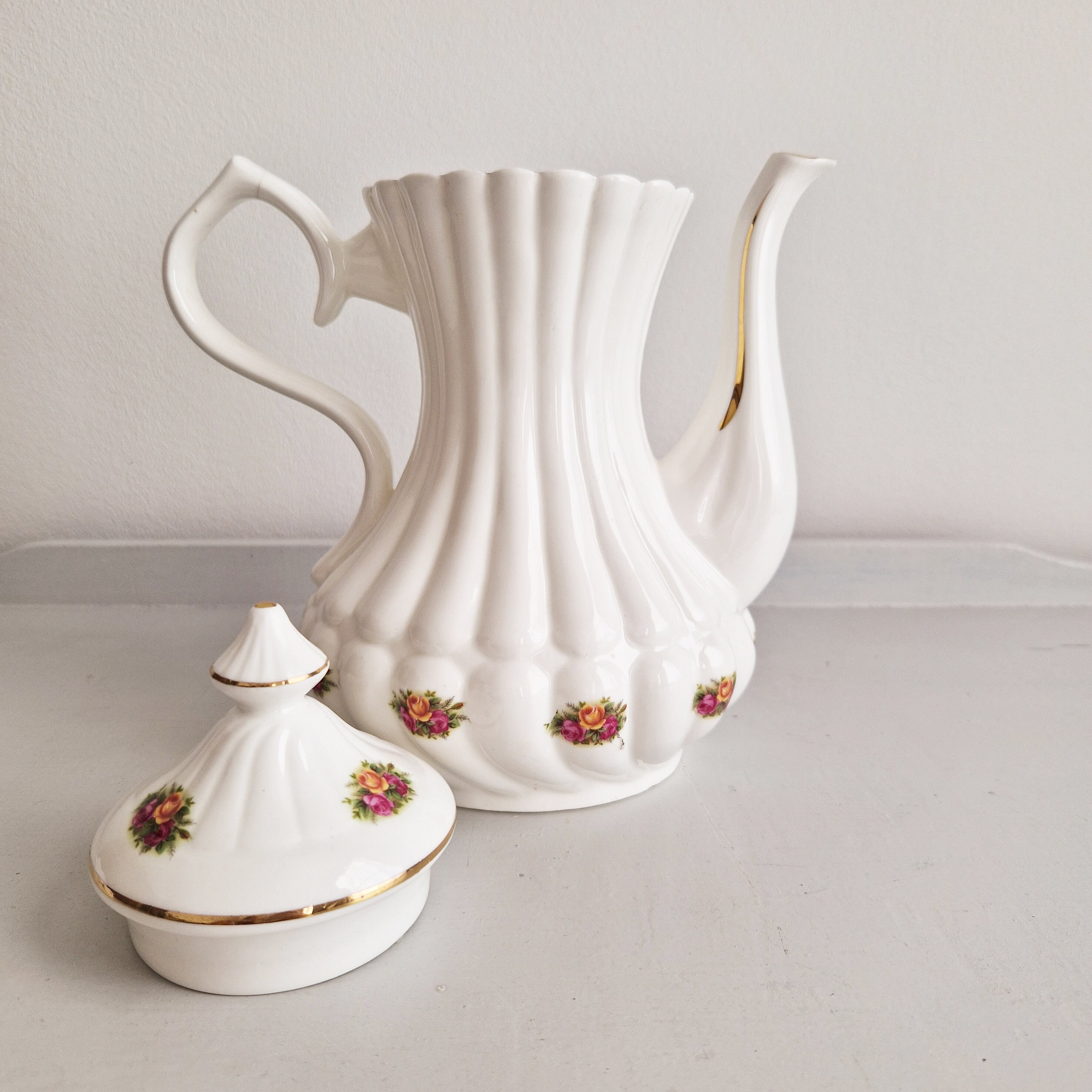 Rose Print Fluted Fine Bone China Coffee Pot, St George Floral Coffee ...