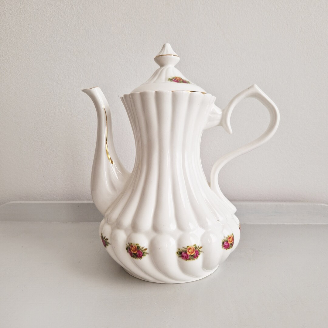Rose Print Fluted Fine Bone China Coffee Pot, St George Floral Coffee ...