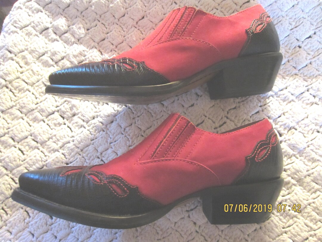Vtg Made in Brazil Western Style Booties 1980's Red Suede/black Leather ...