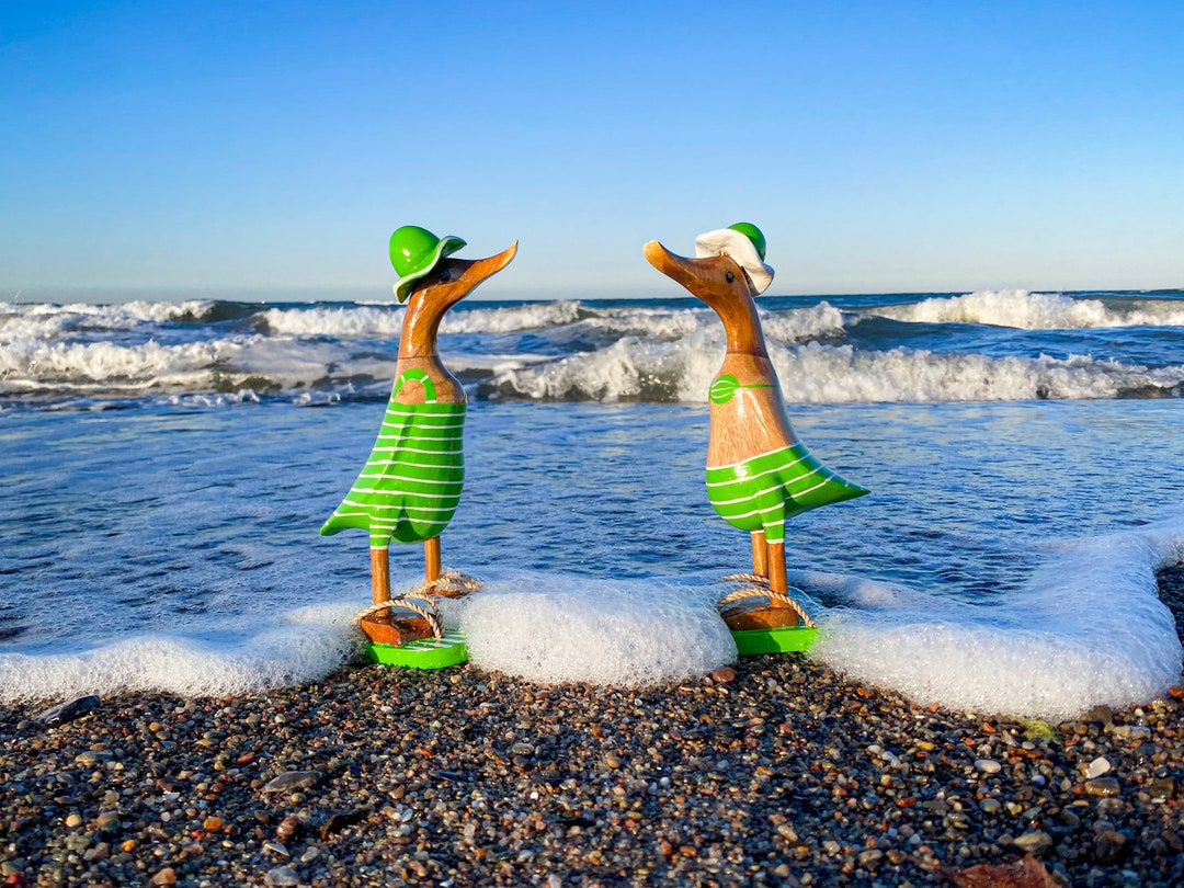Running Duck With Hat and Flip Flops in a Green and White Striped ...