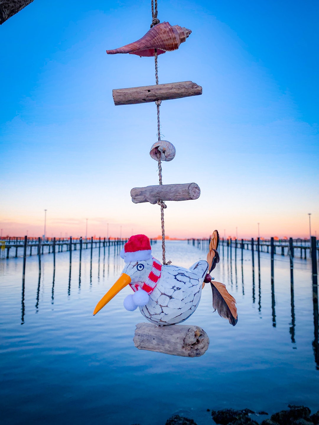 Wind Chime 1 Seagull Santa Cap and Scarf With Propeller on Driftwood - Etsy