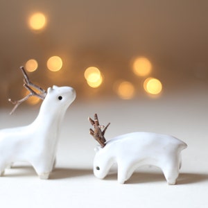 Pair of Pure White Ceramic Reindeer With Twig Antlers. - Etsy