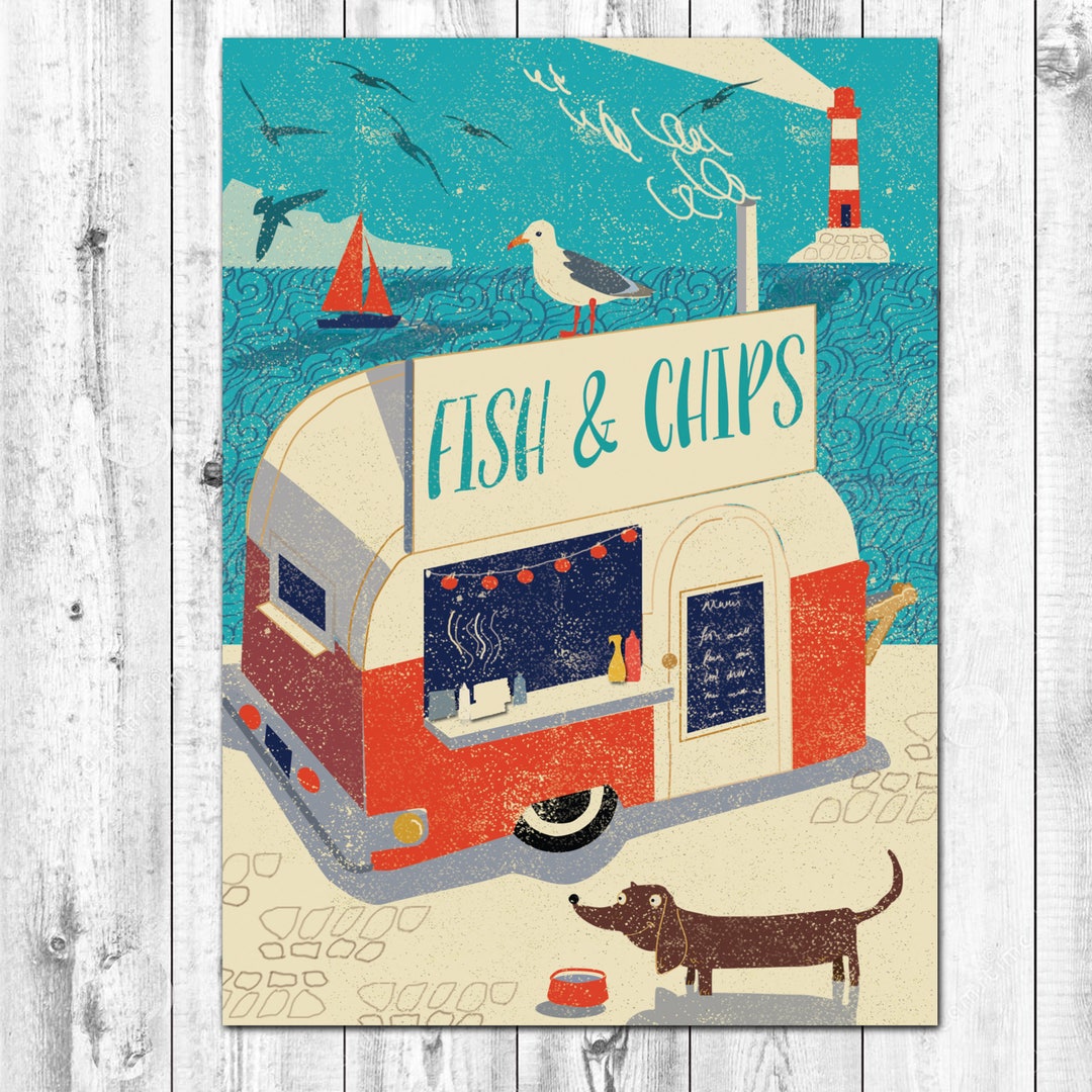 AHOY! Retro Fish and Chips Van Card - Etsy