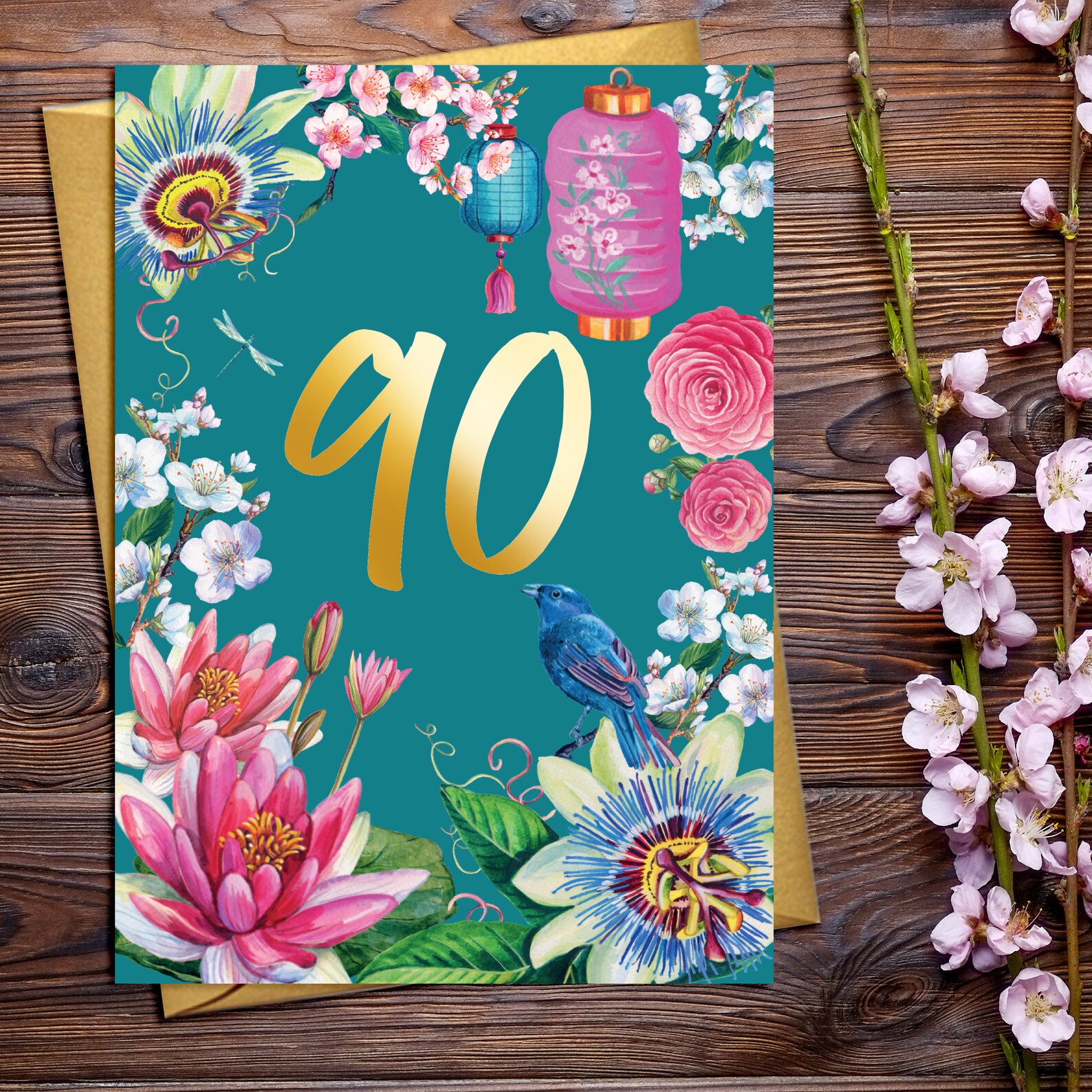 90th Birthday Card With Floral Decorative Elements & Gold Type | Etsy