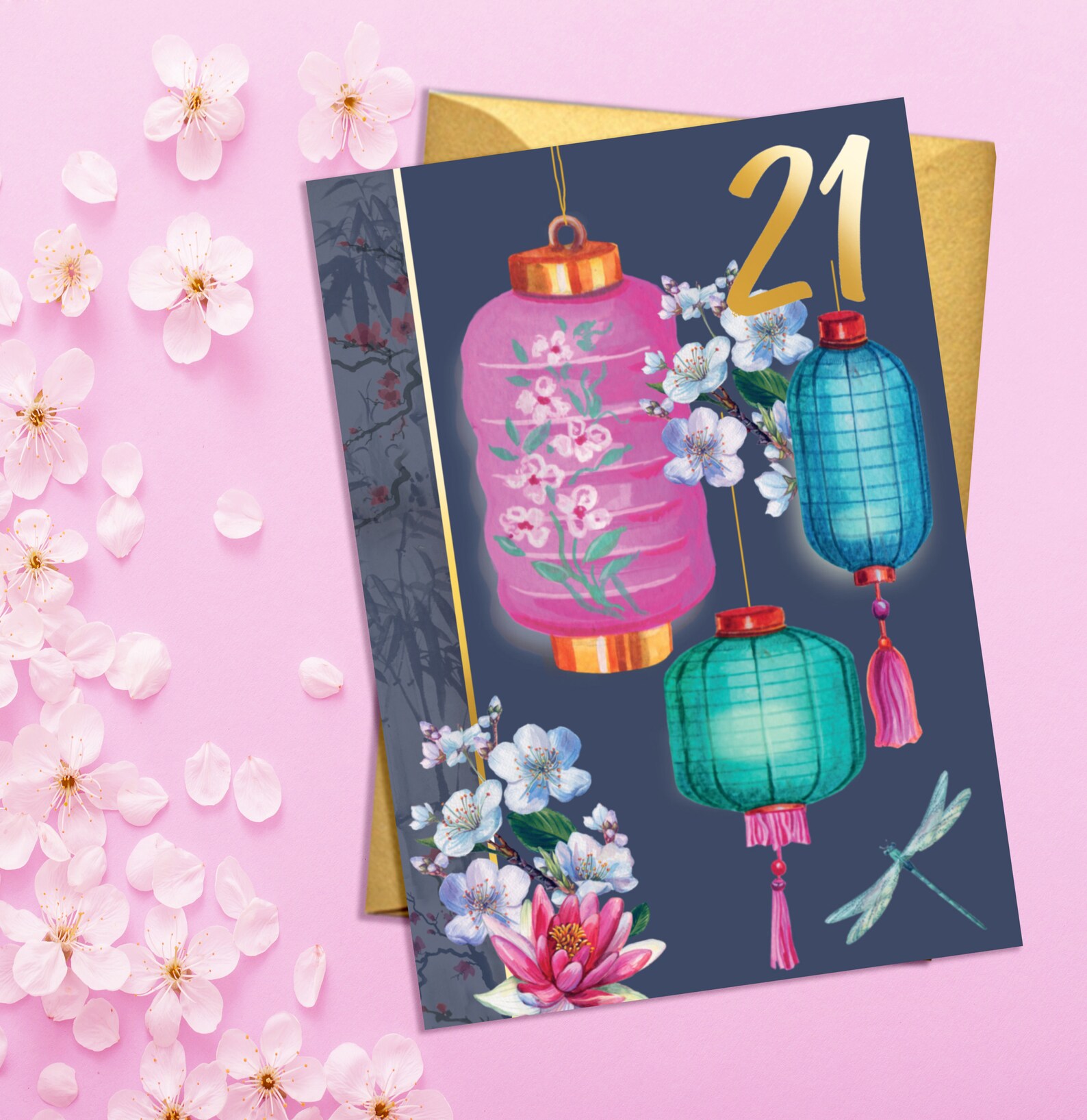 21st Birthday Card with Lanterns Decorative Elements & Gold | Etsy