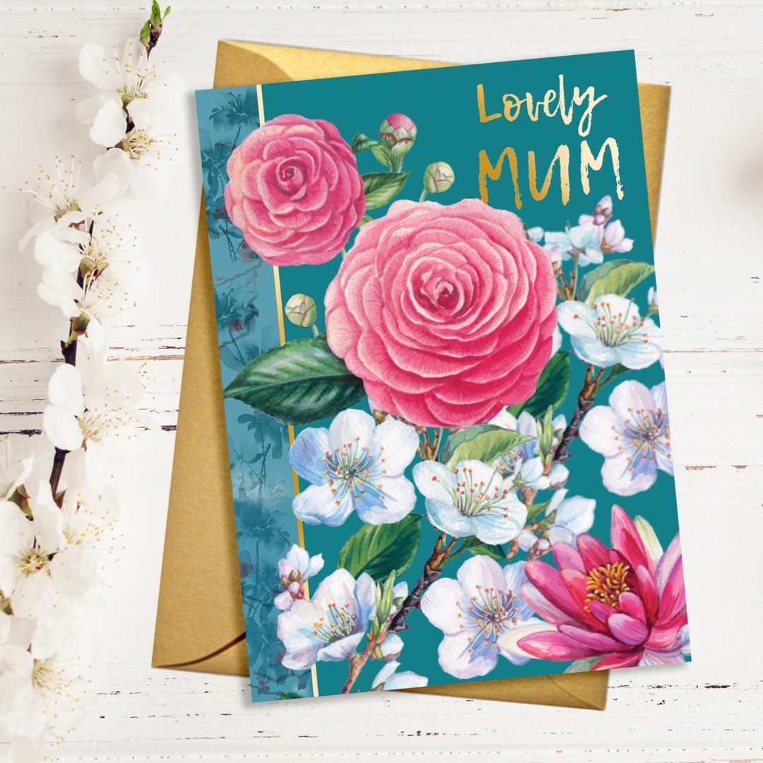 Lovely Mum Card With Floral Elements & Gold Type - Etsy