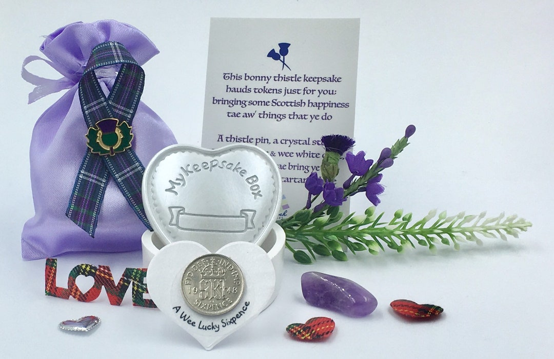 Scottish Thistle Keepsake Gift Set: Amethyst, Lapel Pin & Tartan - Etsy