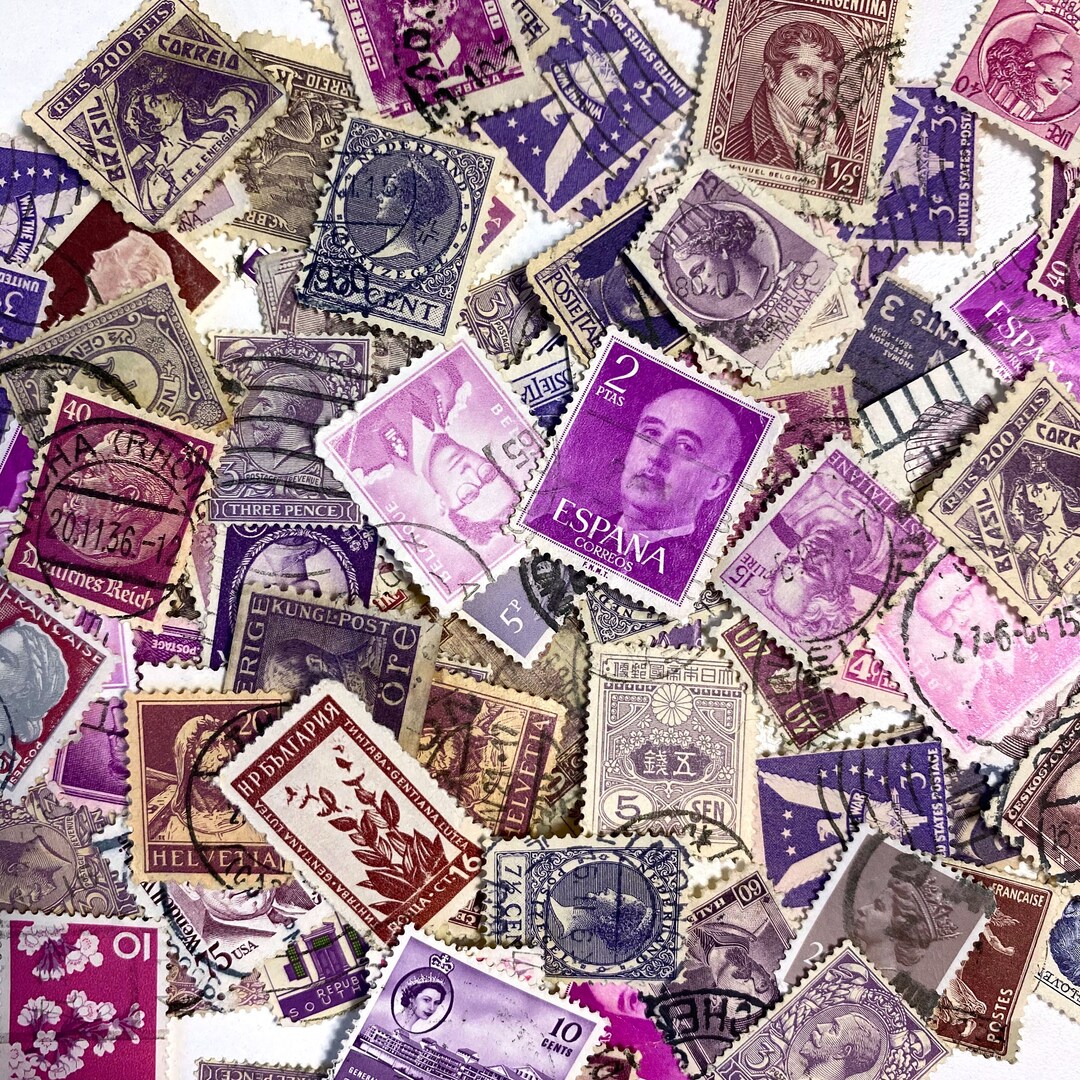 50 Purple Vintage Postage Stamps, Stamp Collecting, Shades of Purple ...