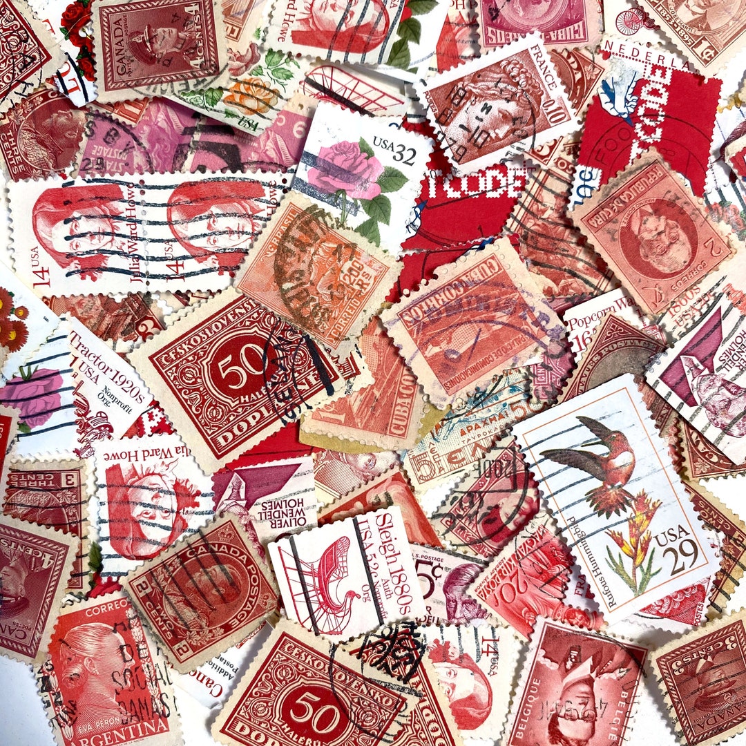 50 Red Vintage Postage Stamps, Stamp Collecting, Used Postage Stamps ...