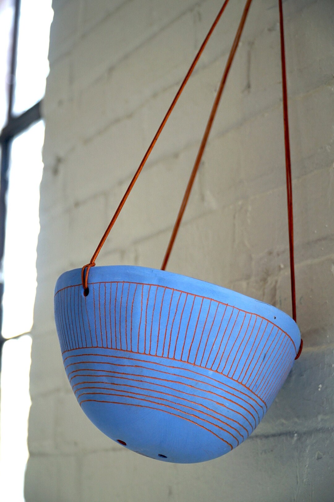 Large Electric Blue & Terracotta Hanging Planter W/ Hand-carved ...