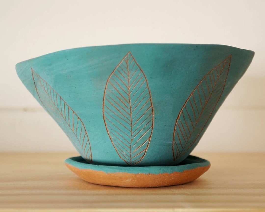 Large Teal & Terracotta Table Planter W/ Tray in leaf Design / Glazed ...