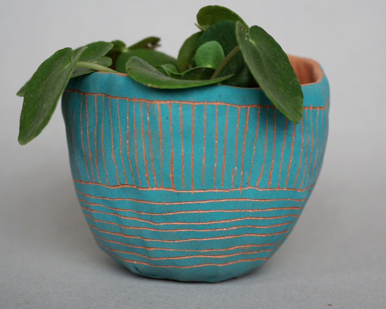 Teal Green & Terracotta Small Table Planter With Hand-carved - Etsy