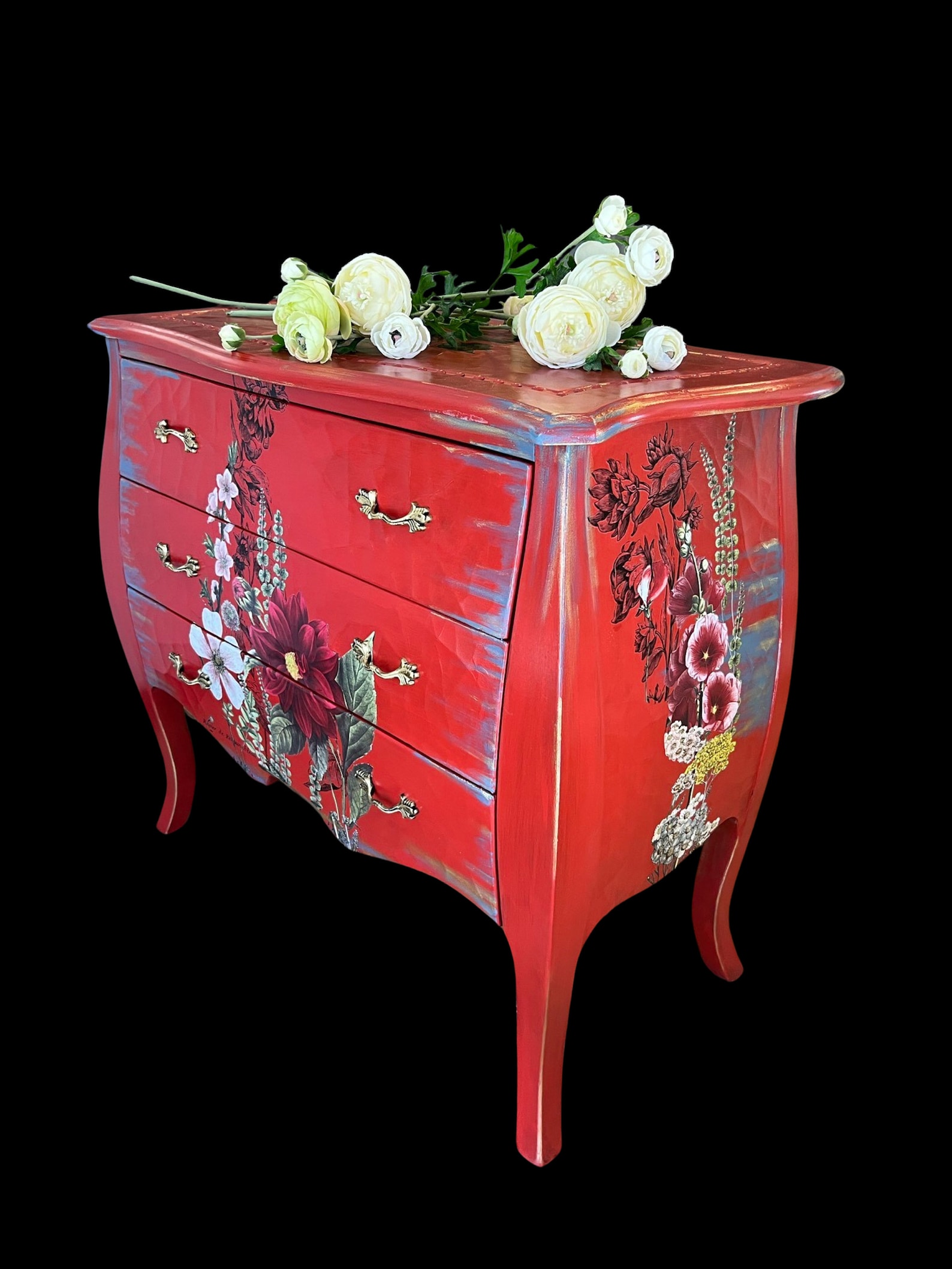 Red Floral Peacock Art Bohemian Bombe French Red Asian Bombe Chest ...