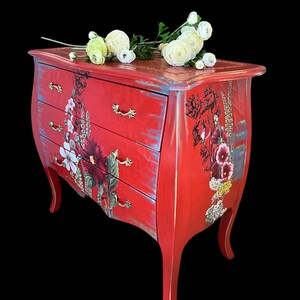 Red Floral Peacock Art Bohemian Bombe French Red Asian Bombe Chest ...